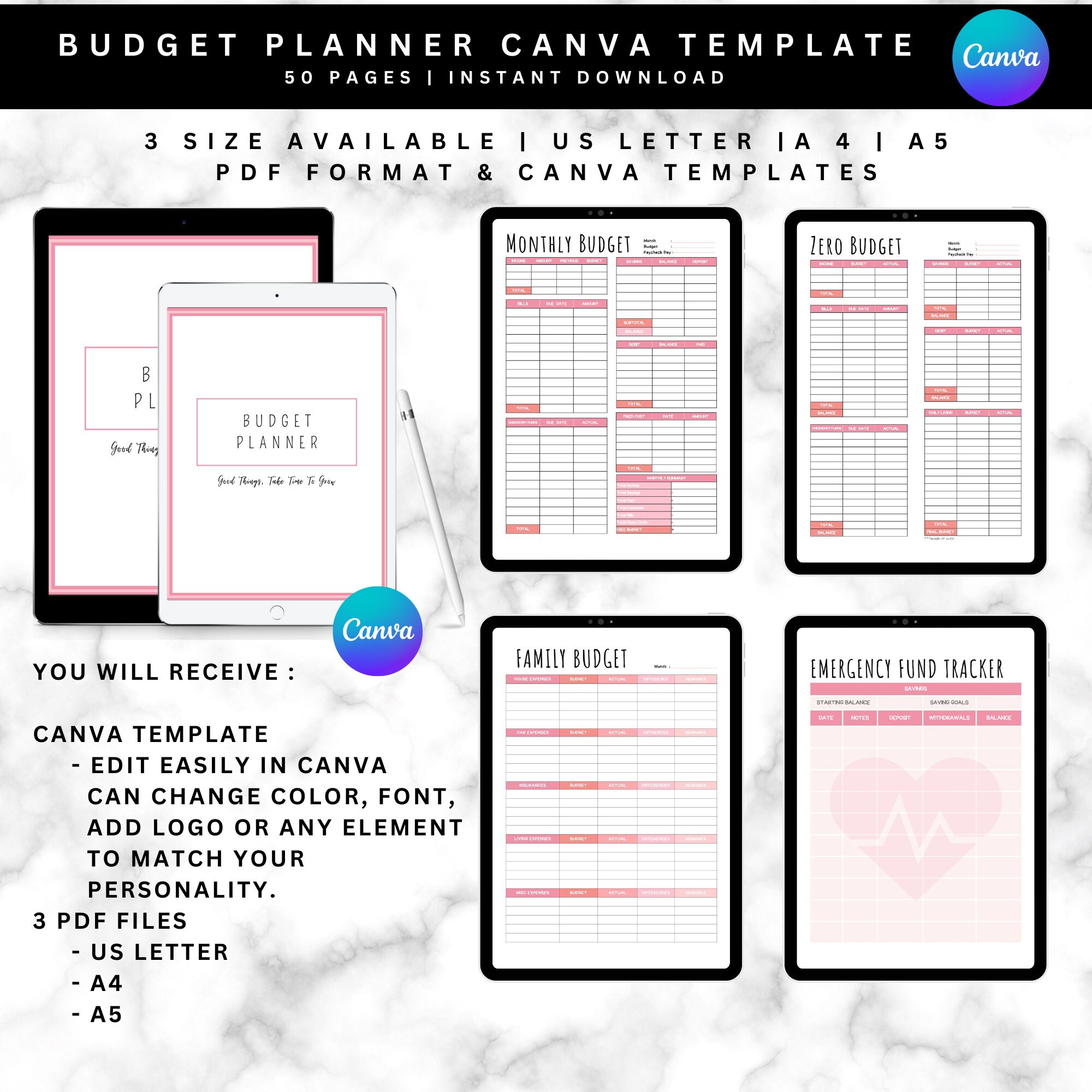 Editable Budget Planner Canva Templates Printable Budget by Paycheck ...