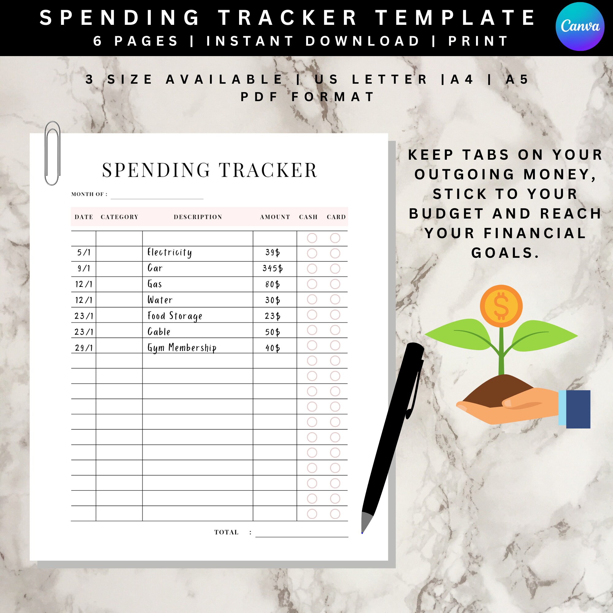 Printable Spending Tracker | Monthly Expense Planner | Budget Chart Pdf ...