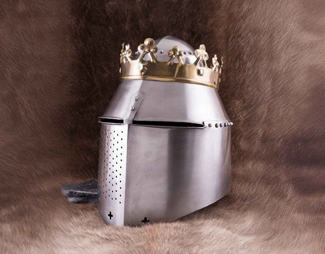 Handmade 18 Gauge Steel King's Helmet With Brass Crown – Medieval Armor ...