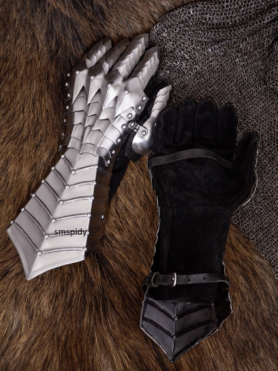 Black and Silver Gauntlets, Polished, Riveted and Sewn on Armor Gloves ...