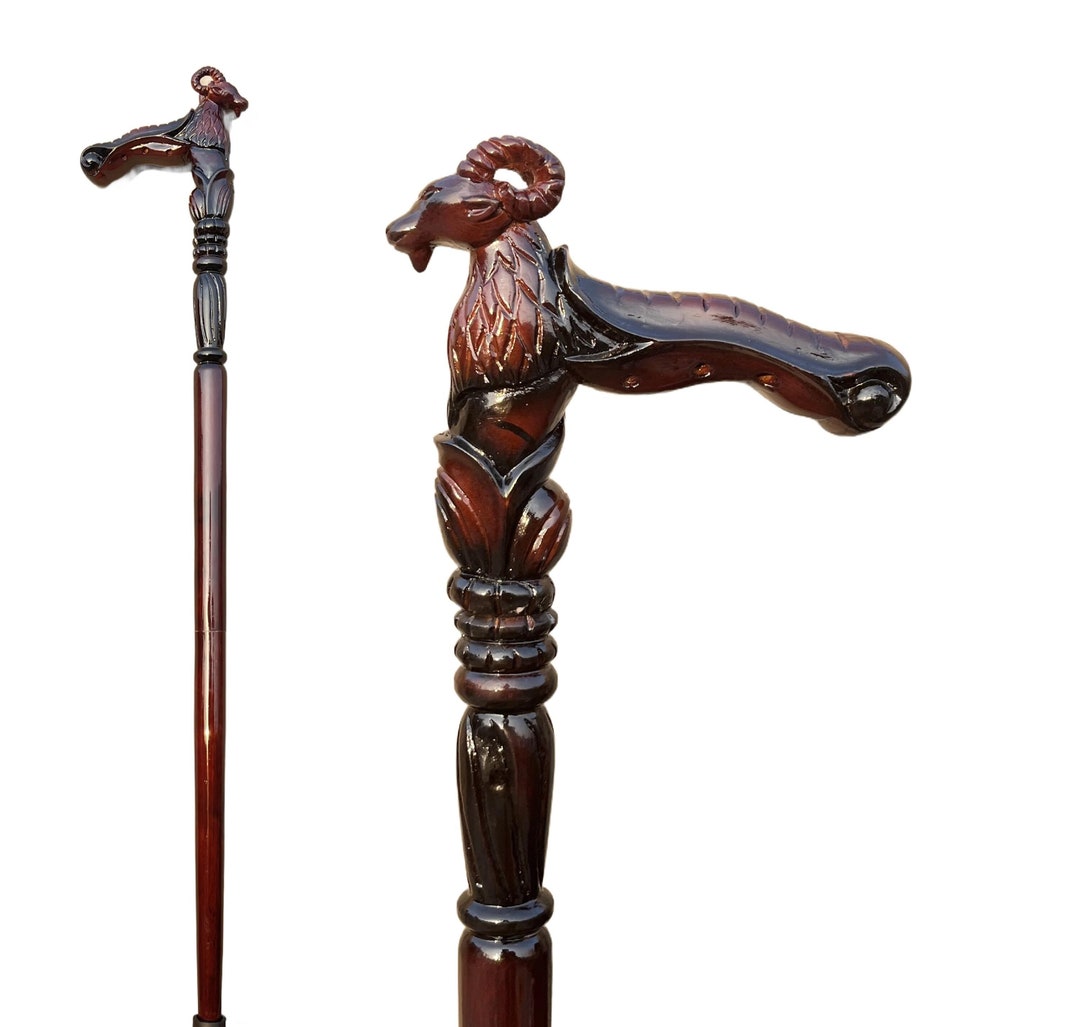 Hand-carved Wooden Walking Cane Stick With Goat Head Design | Unique ...