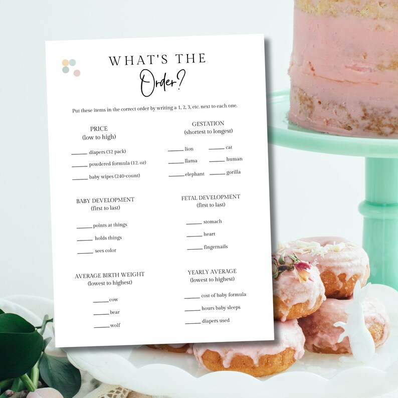 What's the Order Baby Shower Game Baby Shower Games - Etsy
