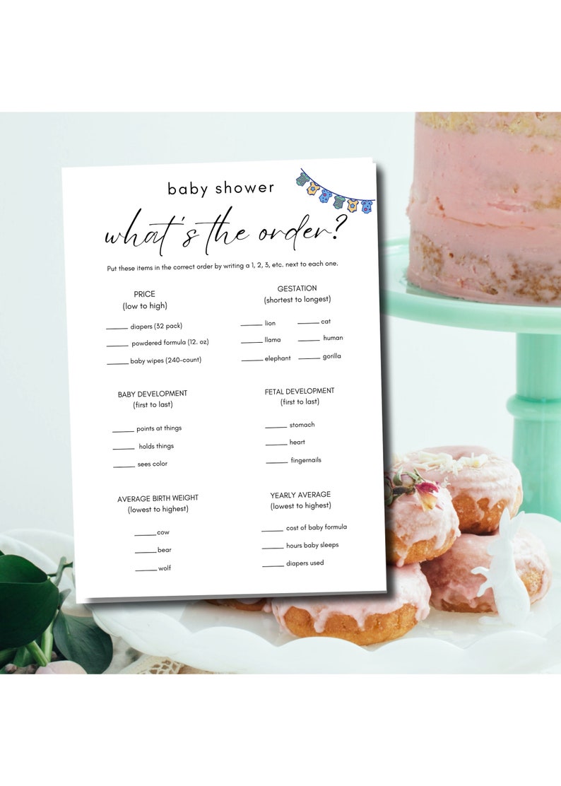 What's the Order Baby Shower Game Baby Shower Games Gender Reveal Party ...