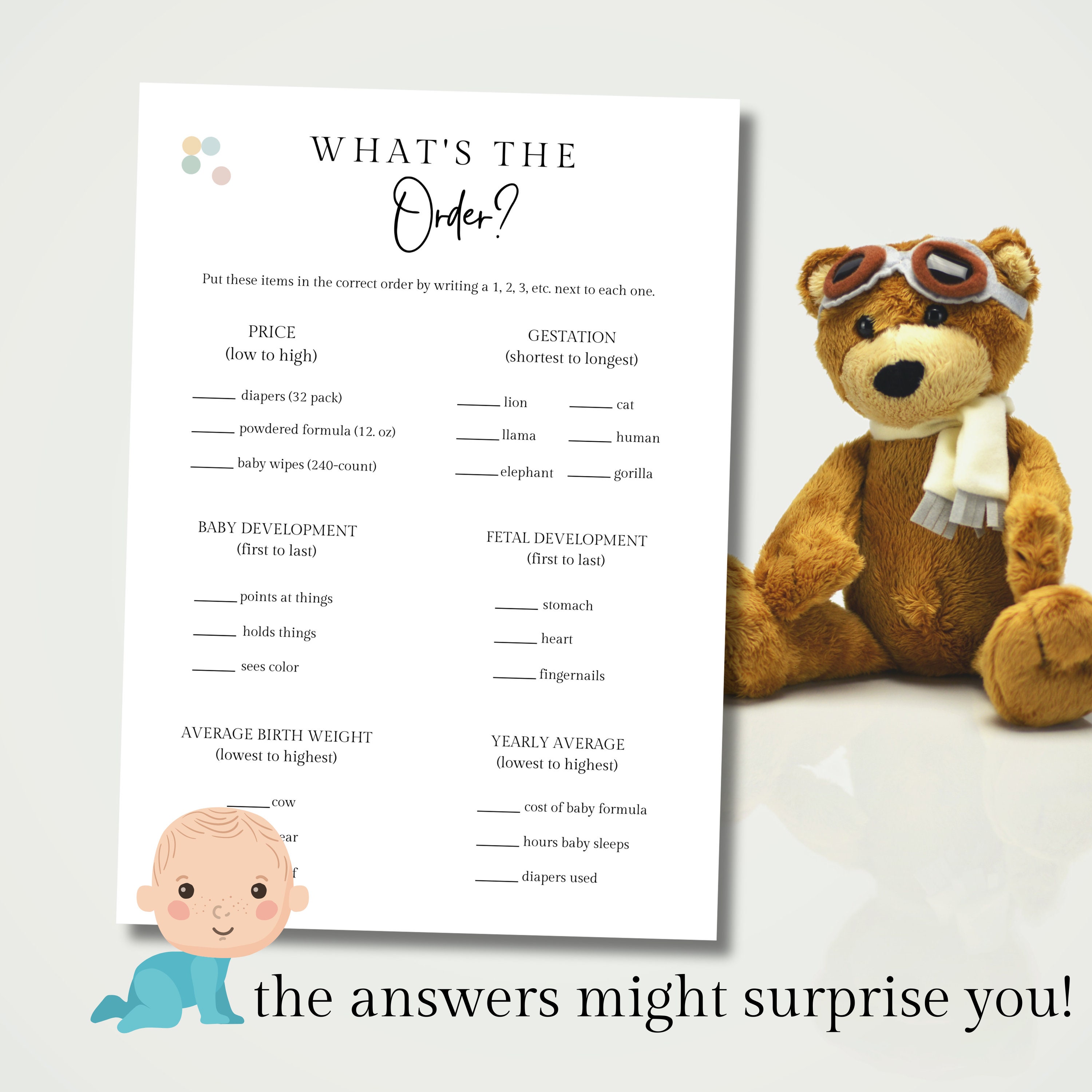 What's the Order Baby Shower Game Baby Shower Games - Etsy