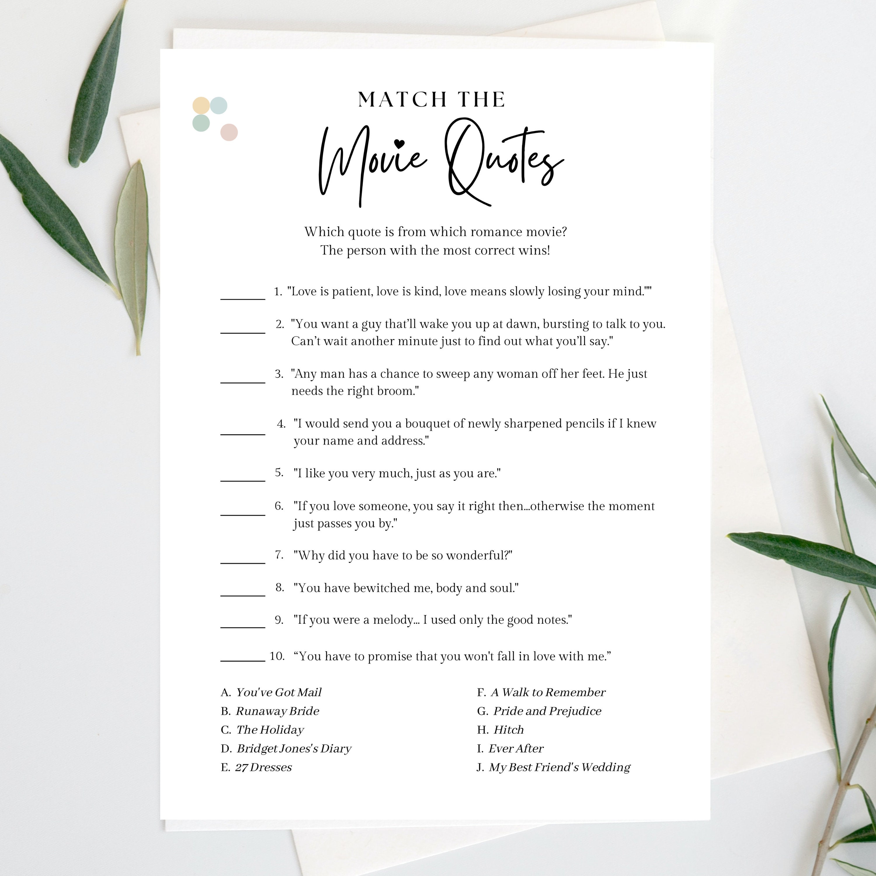 Match the Movie Quotes Bridal Shower Game | Bridal Shower Ideas ...