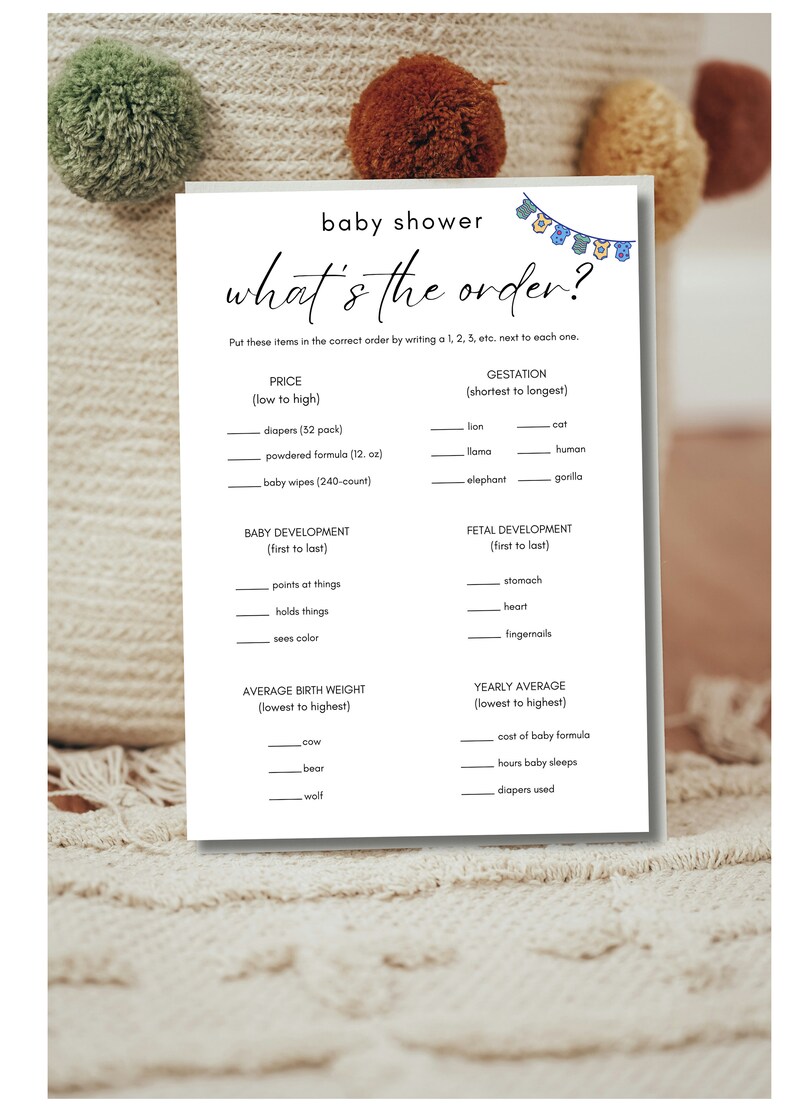 What's the Order Baby Shower Game Baby Shower Games Gender Reveal Party ...