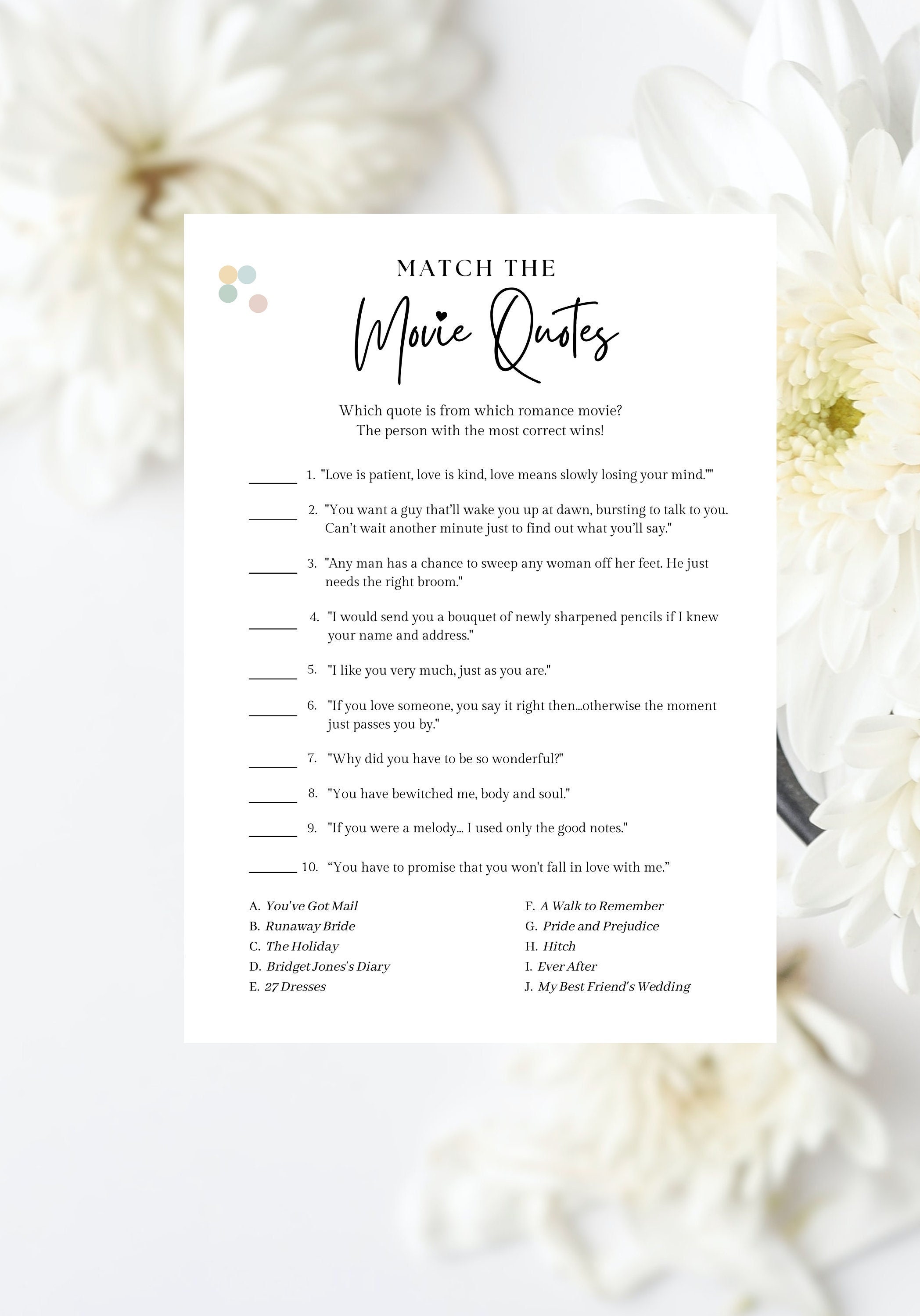 Match the Movie Quotes Bridal Shower Game | Bridal Shower Ideas ...