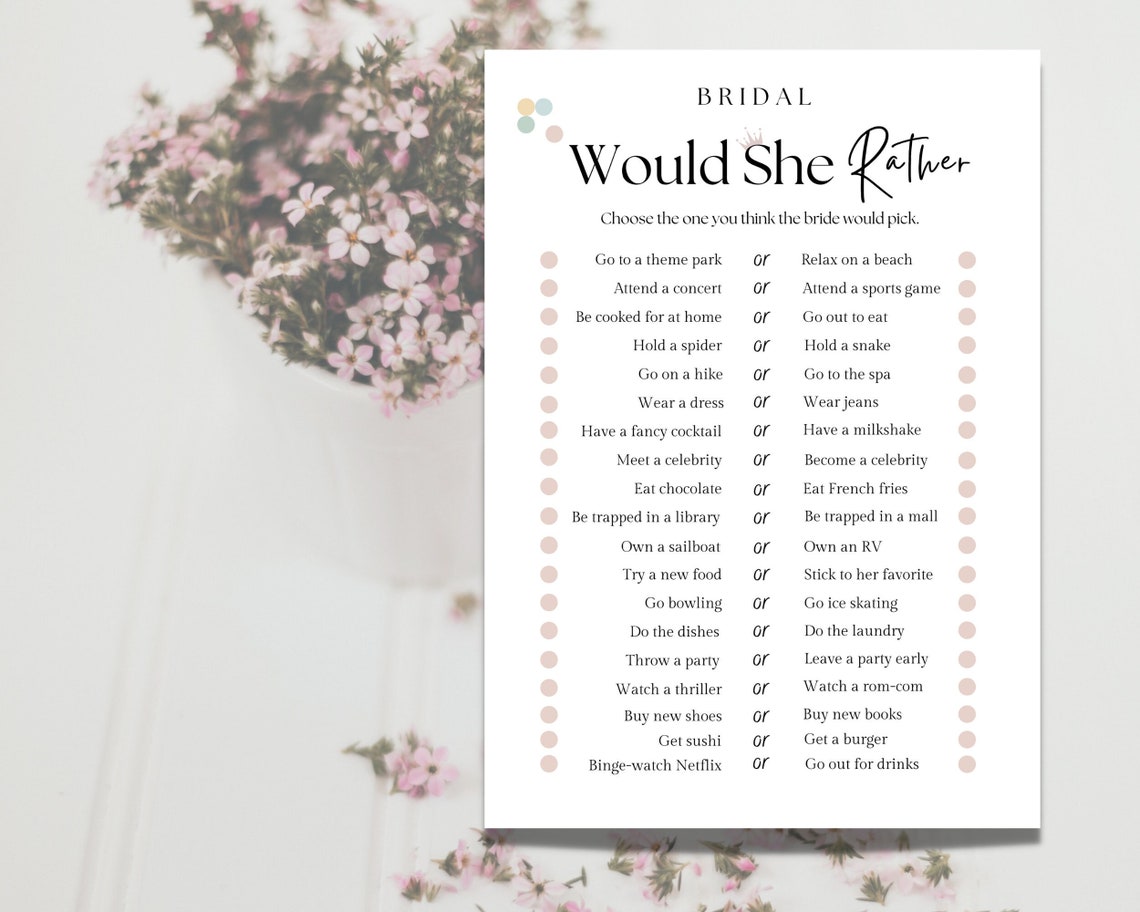 Would She Rather Bridal Shower Game Bridal Shower Ideas Wedding Party ...