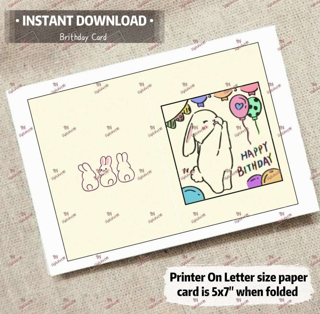 Cute Rabbit Card, Printable Cute Rabbit Birthday Card, Cute Birthday ...