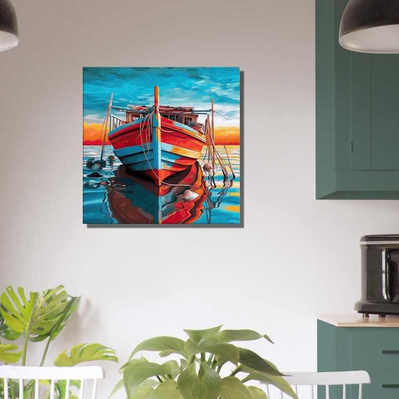 Boot bei Sonnenuntergang Leinwand | Bunte Meeresmalerei | Nautische Kunst für moderne ...