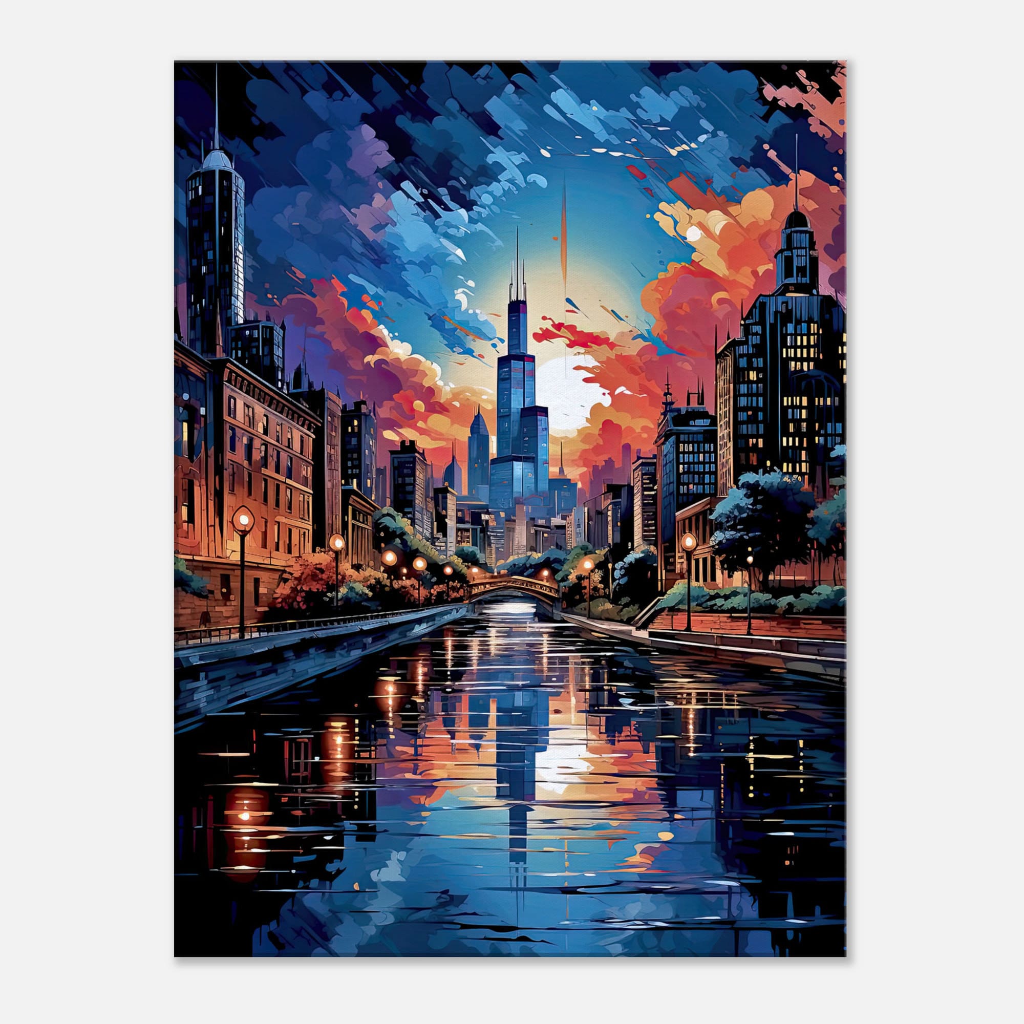 Chicago Skyline Canvas, Comic Wall Art Cityscape of the Windy City ...