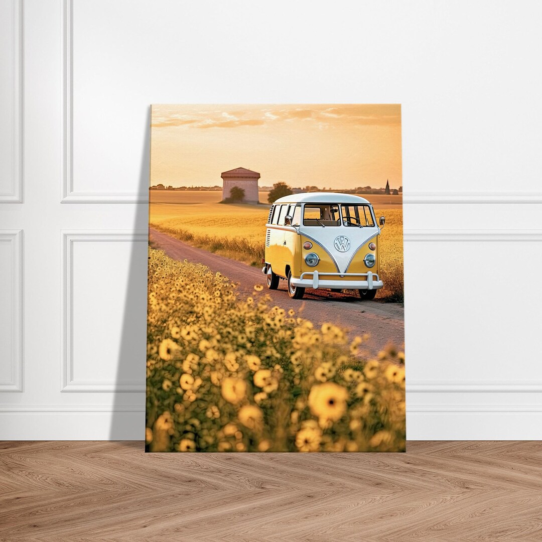 VW Van Sunflower Road Decorative Canvas Wall Frame, Vintage Photography ...