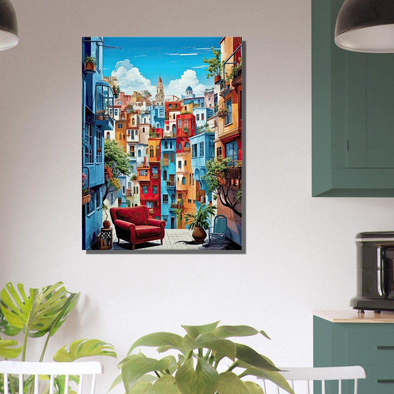 Gemälde Barcelona, bunte Stadt – Original-Wandrahmen, urbane dekorative Leinwand Spanien ...