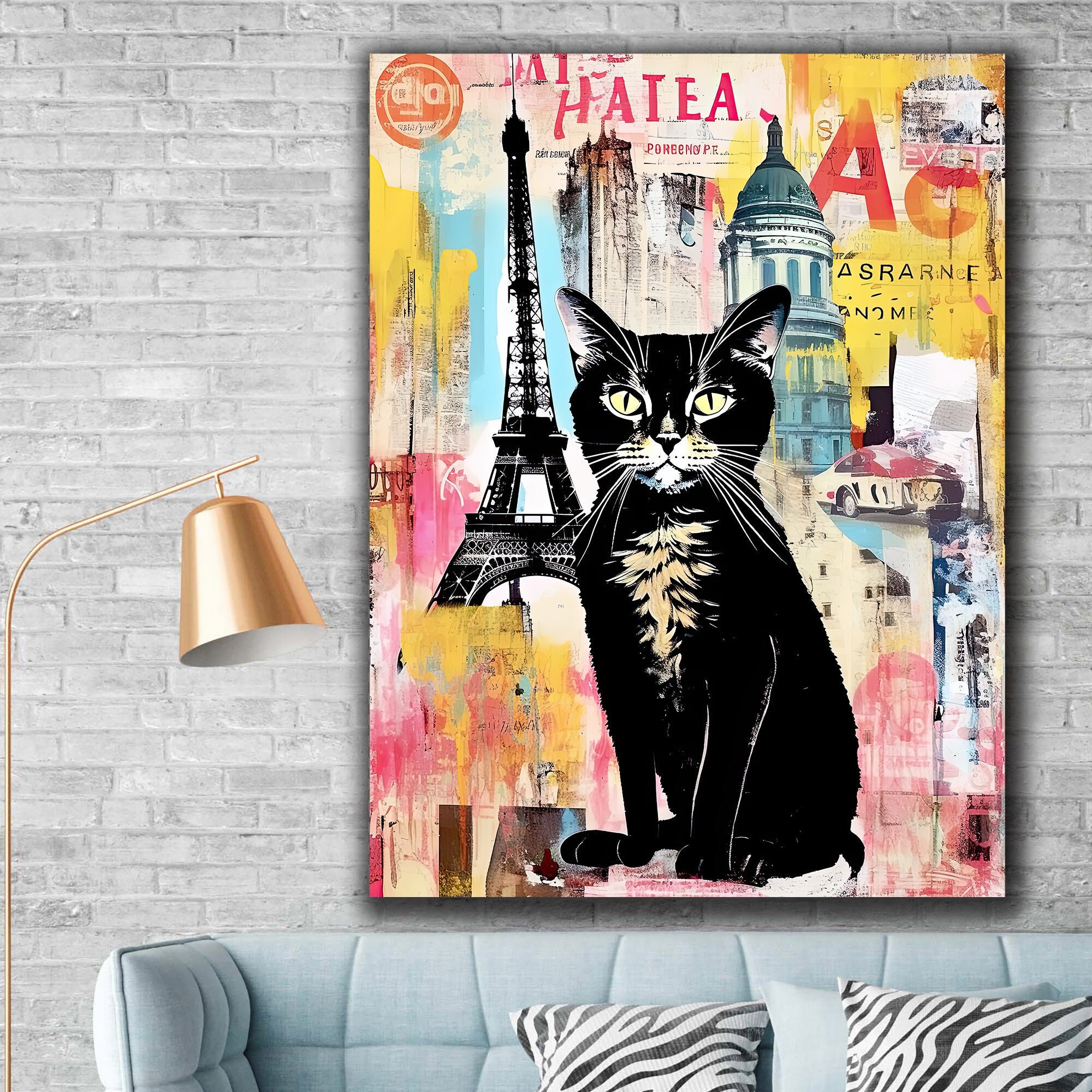 Black Cat and Paris Collage, Eiffel Tower Wall Art, Parisian Decor ...