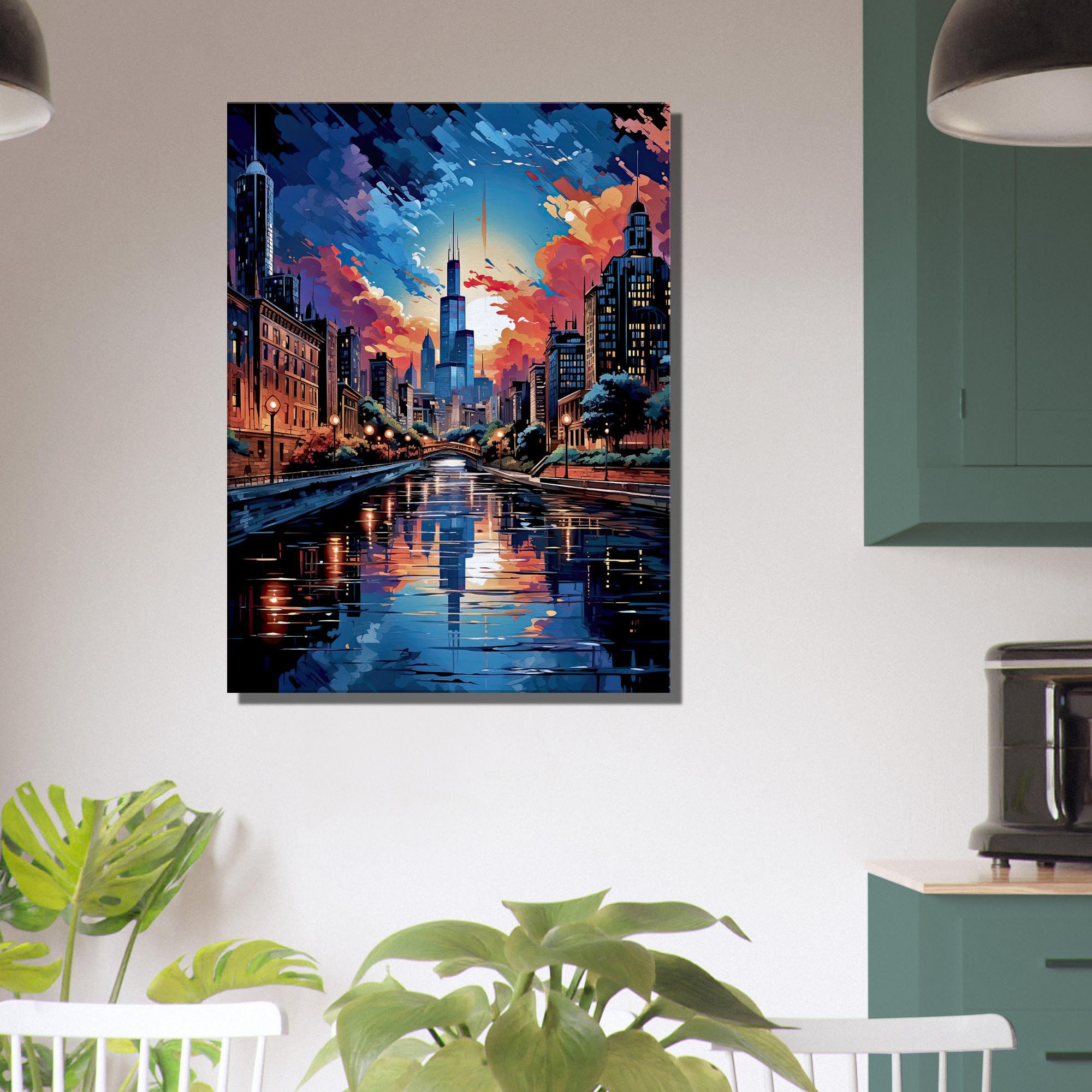 Chicago Skyline Canvas, Comic Wall Art Cityscape of the Windy City ...