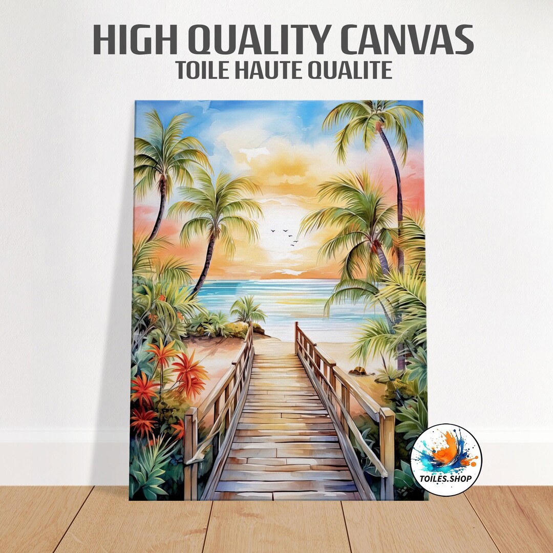 Watercolor Painting Tropical Beach and Palm Trees - Beach Landscape ...