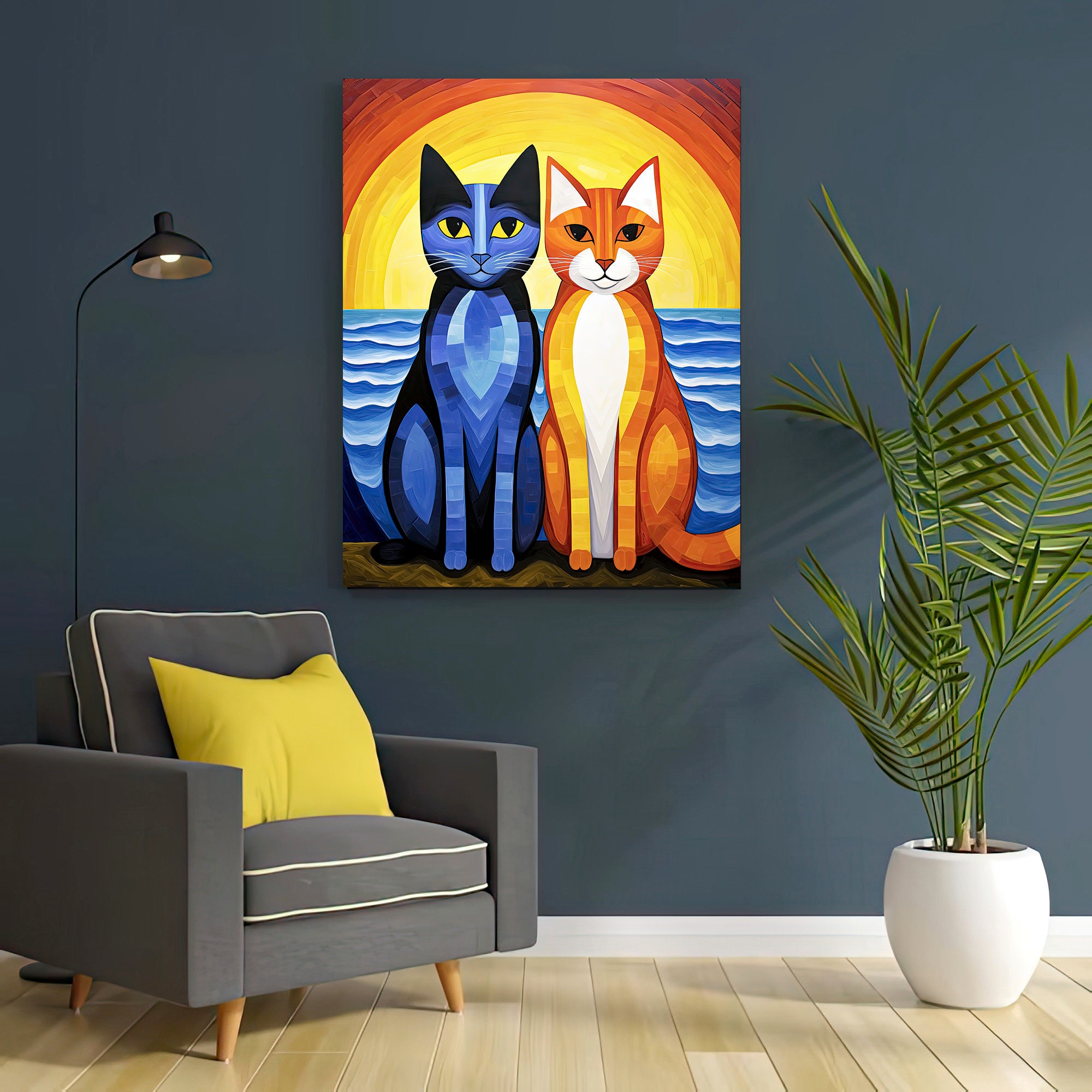 Cat Canva - Duo Cats Painting Beach - Sunset Cat / Cat Wall Canva - Cat ...