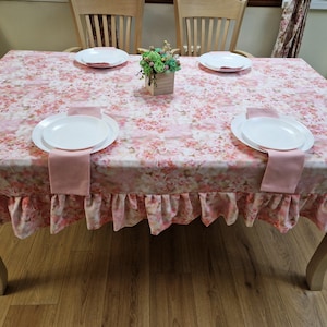 Spring Pink Ruffled Tablecloth With Pastel Floral Print, Large Round ...