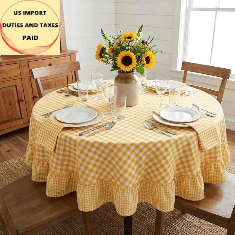 Yellow Gingham Round Ruffle Tablecloth, Country Cottage Decor, Custom ...
