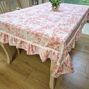 Spring Pink Ruffled Tablecloth With Pastel Floral Print, Large Round ...