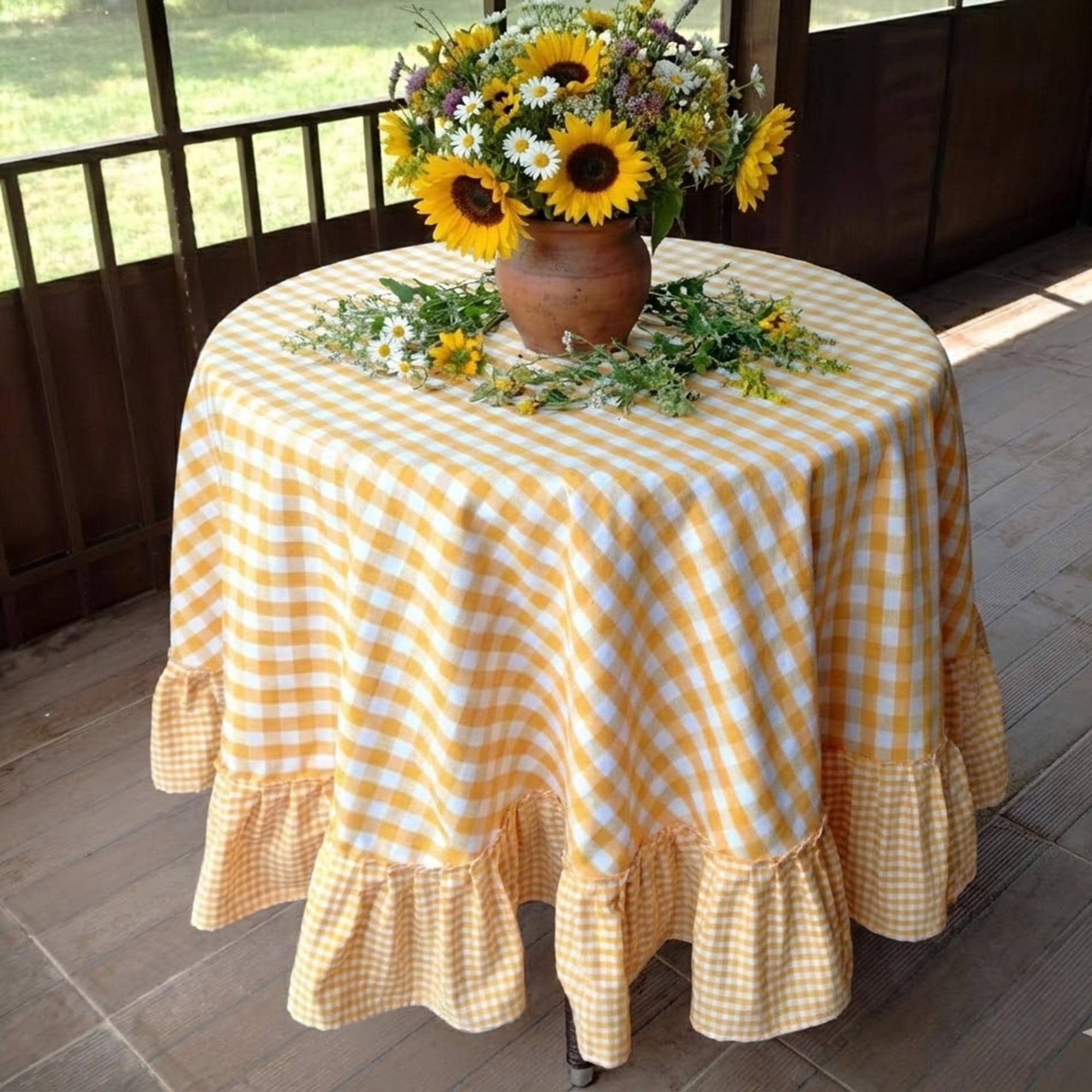 Yellow Gingham Round Ruffle Tablecloth, Country Cottage Decor, Custom ...