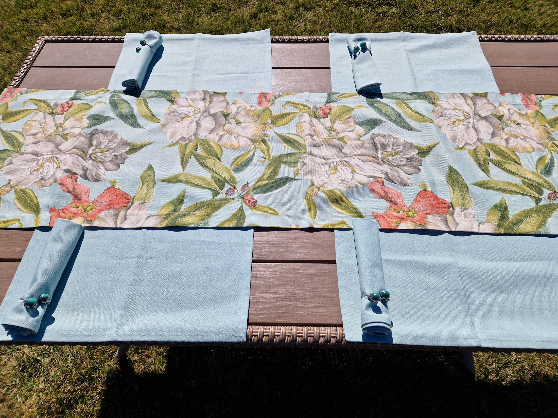 Spring Teal Table Runner With Big Flowers, Custom Size & Design Floral ...