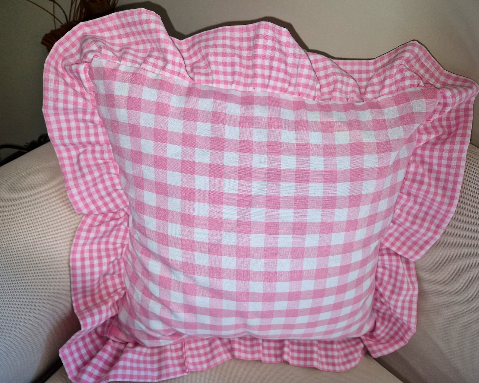 Light Brown Ruffle Gingham Plaid Throw Pillow Cover, Ruffle Euro Sham ...