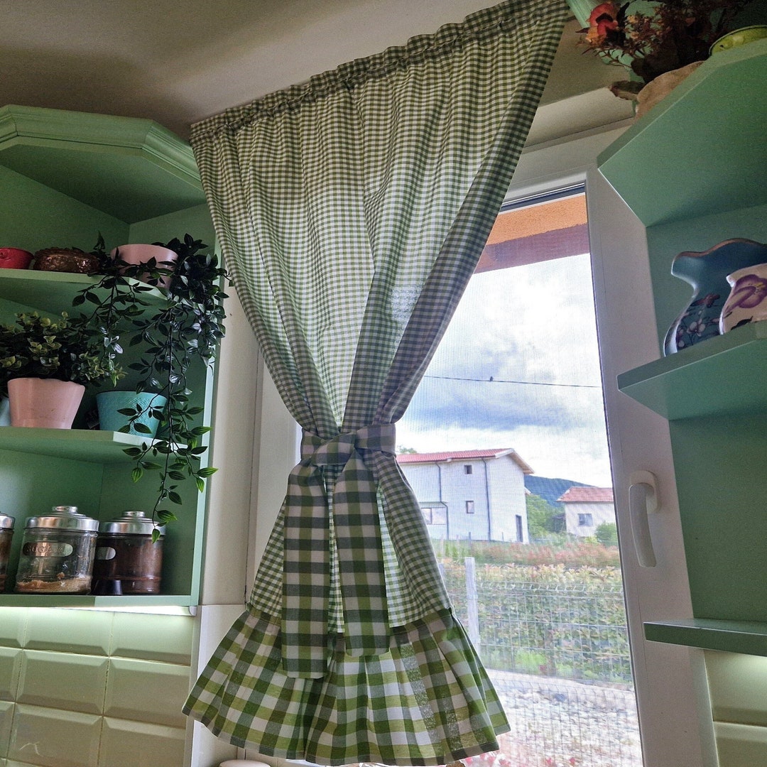 Green Gingham Tiers Cafe Curtains Valances With Ruffle, Farmhouse Country Kitchen Checked Short ...