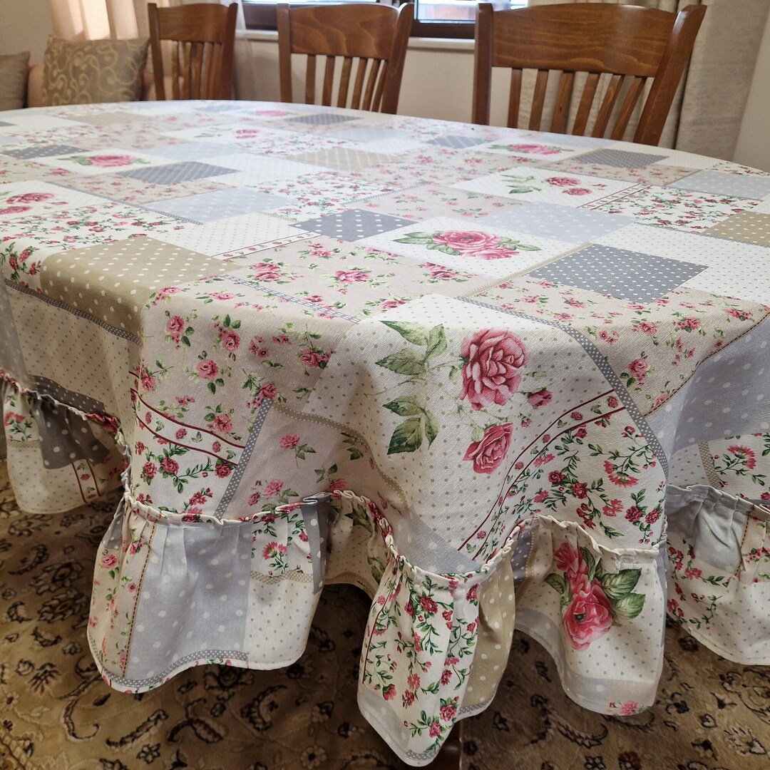 Oval Ruffled Tablecloth With Romantic Roses, Custom Large Round Square ...