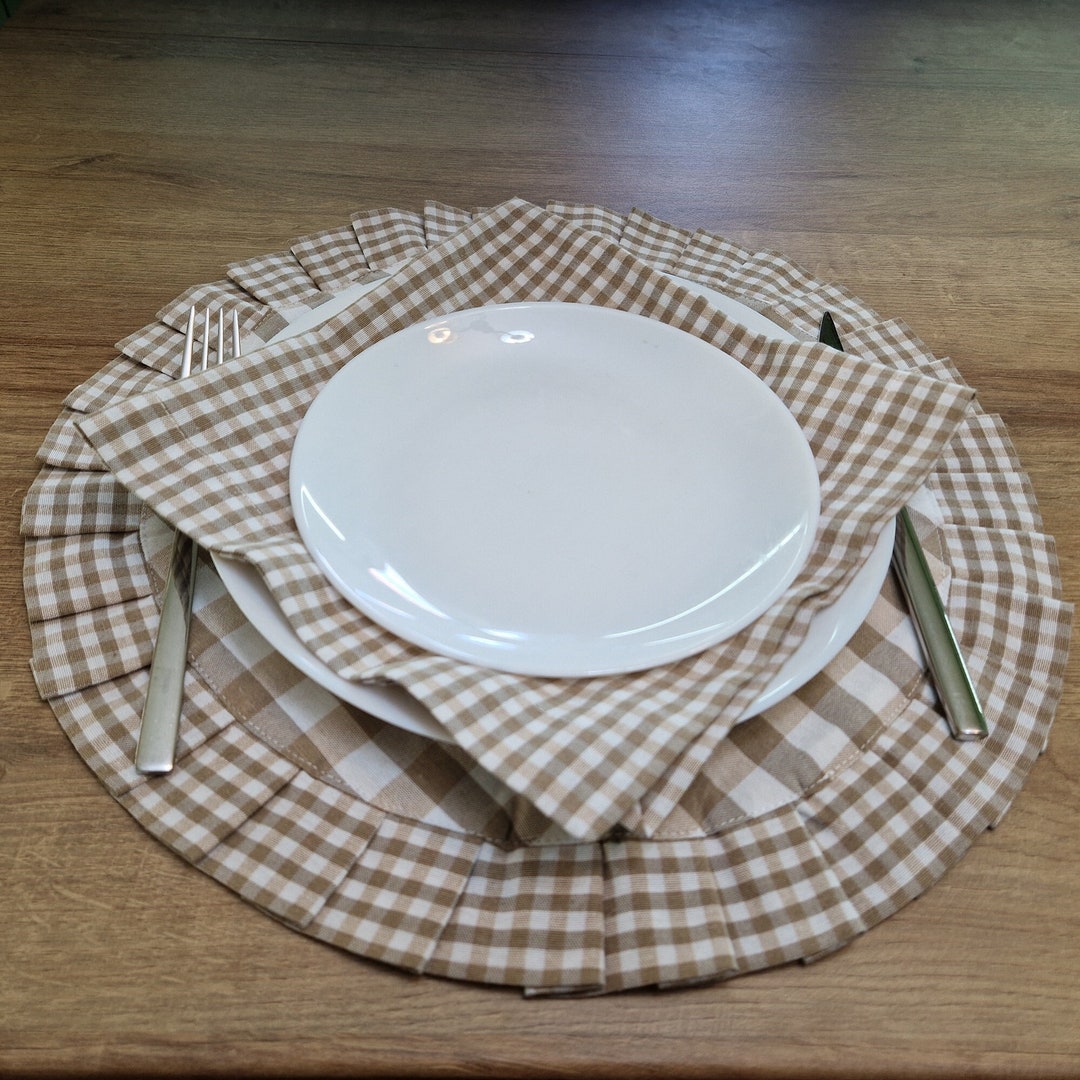 Round Gingham Ruffle Placemat Sets of 4,6,8,10,12, Beige Cotton Double ...