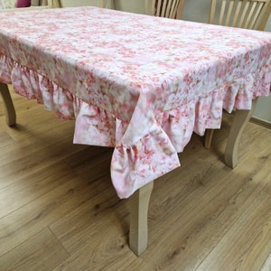 Spring Pink Ruffled Tablecloth With Pastel Floral Print, Large Round ...