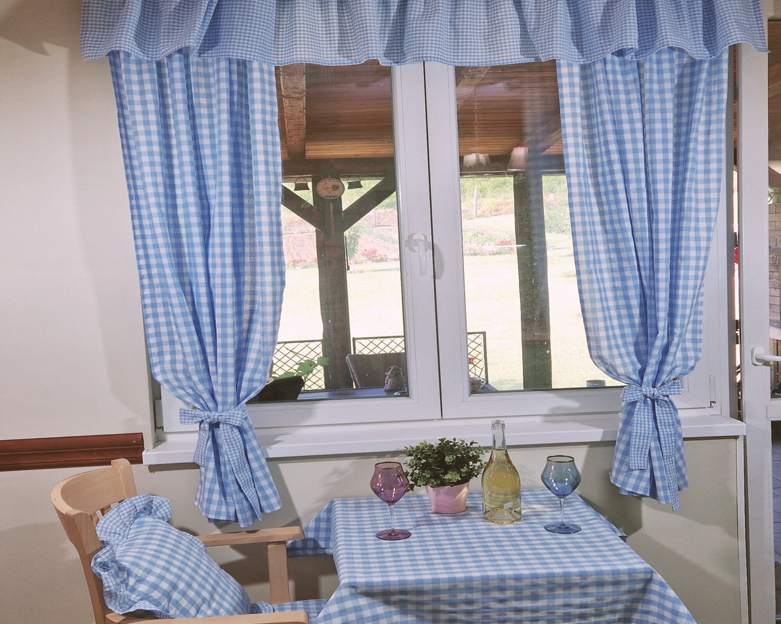 Retro Blue Gingham Check Kitchen Curtains and Valances, Custom Made ...