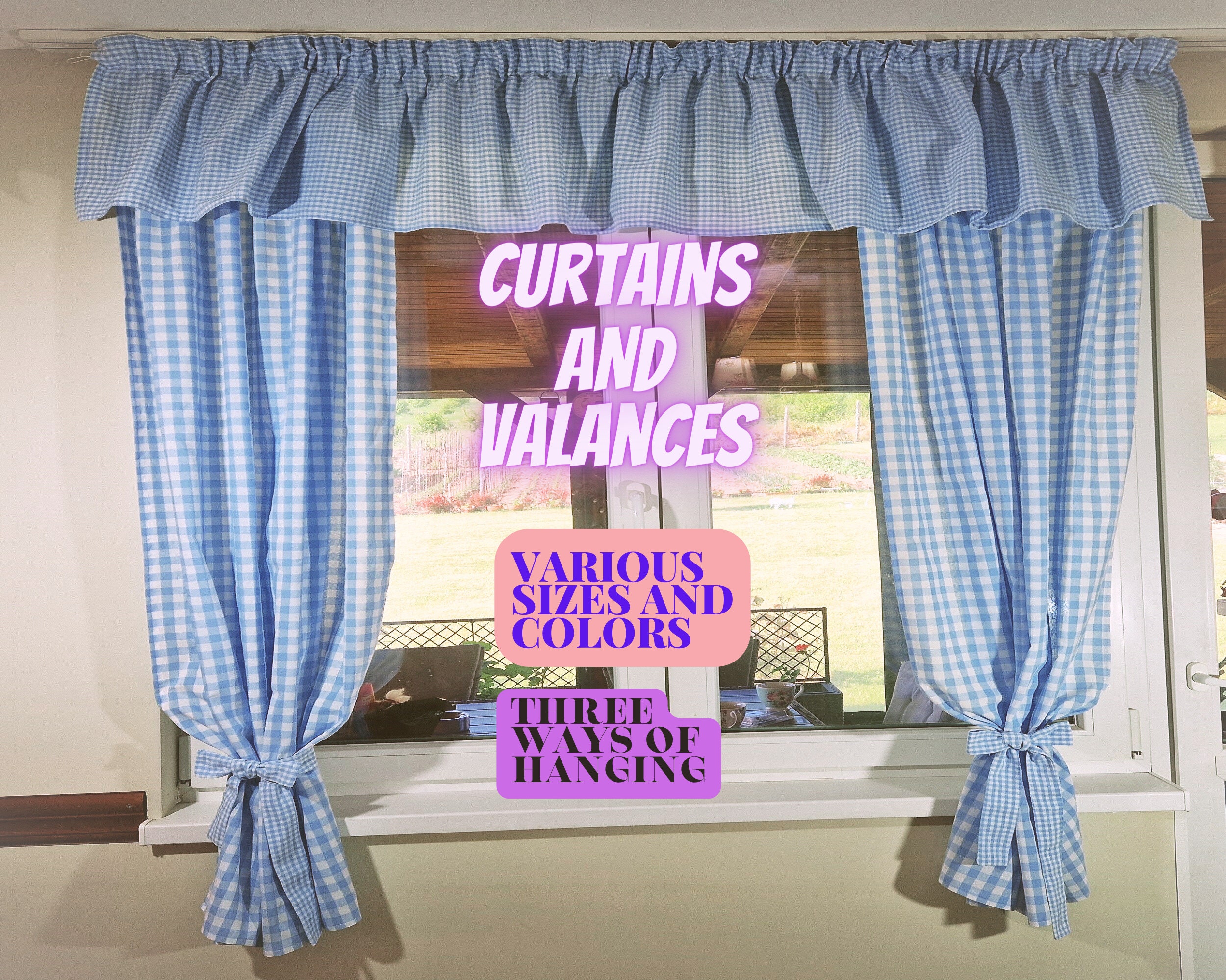 Retro Blue Gingham Check Kitchen Curtains and Valances, Custom Made ...