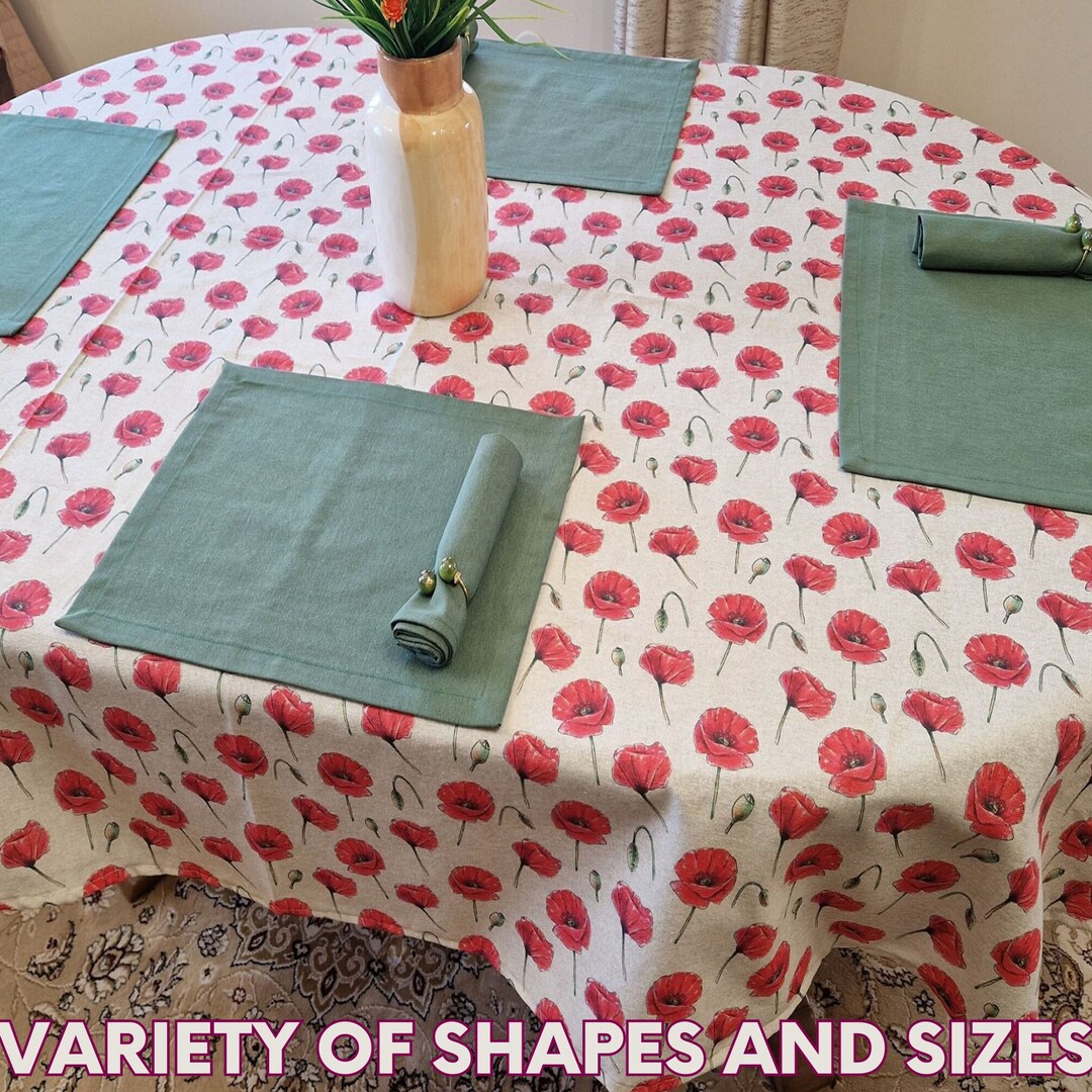 Red Poppy Flower Cotton Oval Tablecloth, Custom Round Square Rectangle ...