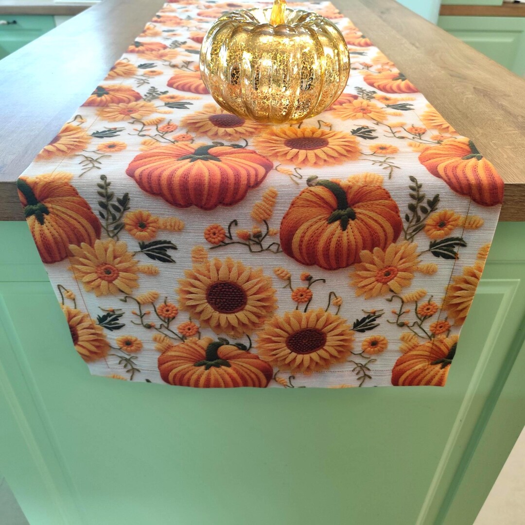 Pumpkin Print Fall Table Runner – Custom Size, Beige and Orange ...