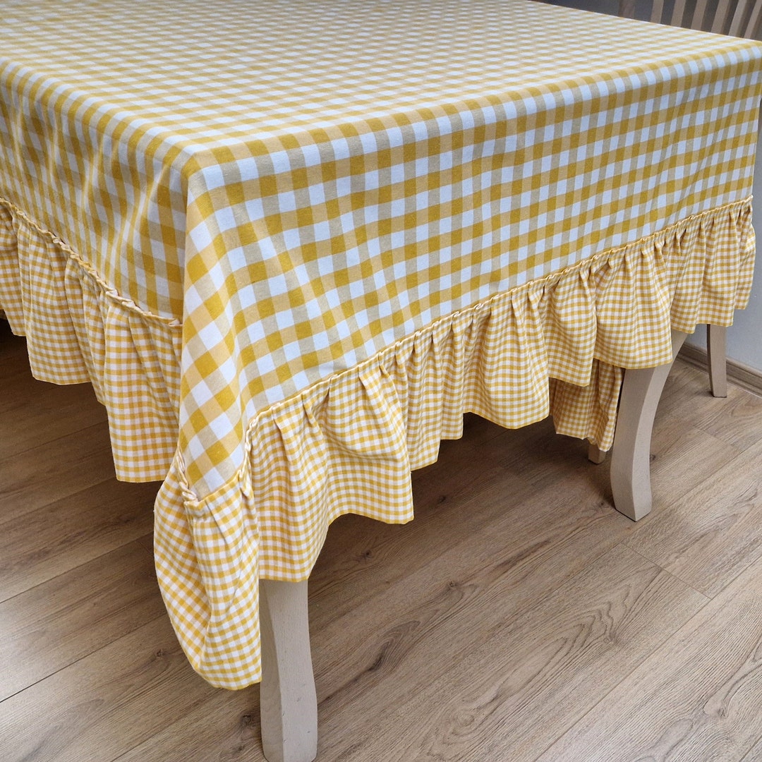 Gold Yellow Gingham Ruffled Tablecloth, Custom Oval Round Rectangle ...