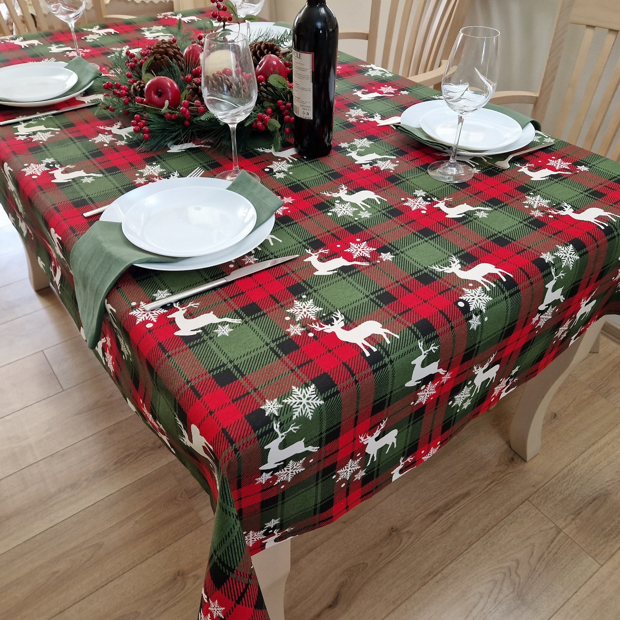 Christmas Plaid Tablecloth, Coated Red Green Tartan With Reindeer ...
