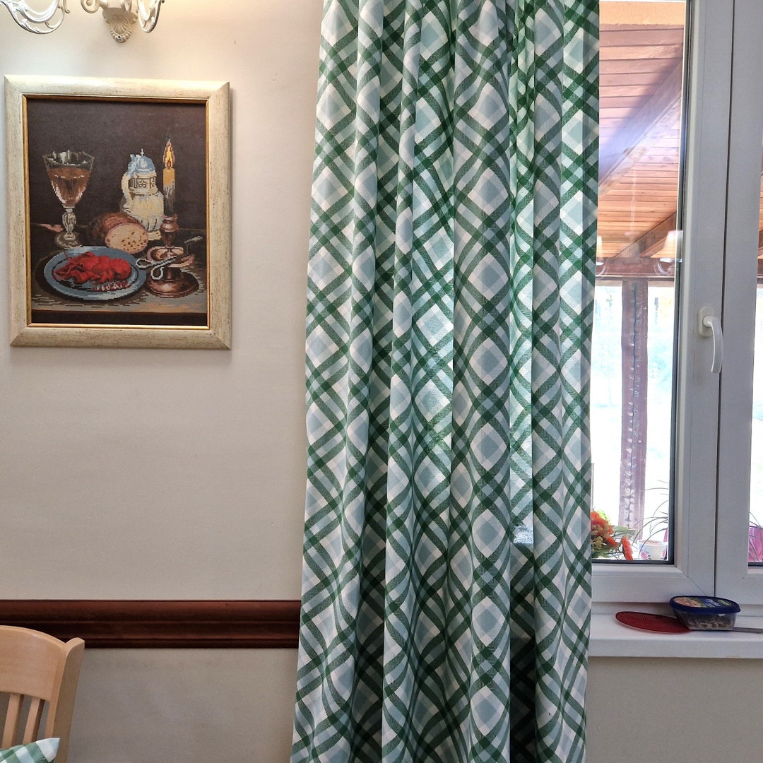 Plaid Curtain Panels Green & White Tartan, Custom Long Short Curtains 4 ...