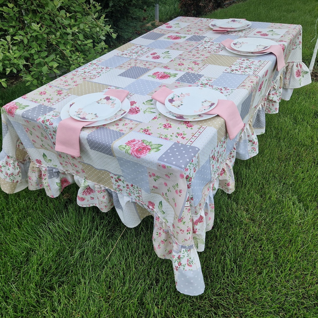 Pink Floral Ruffle Tablecloth, Custom Large Square Rectangle Oval Round ...