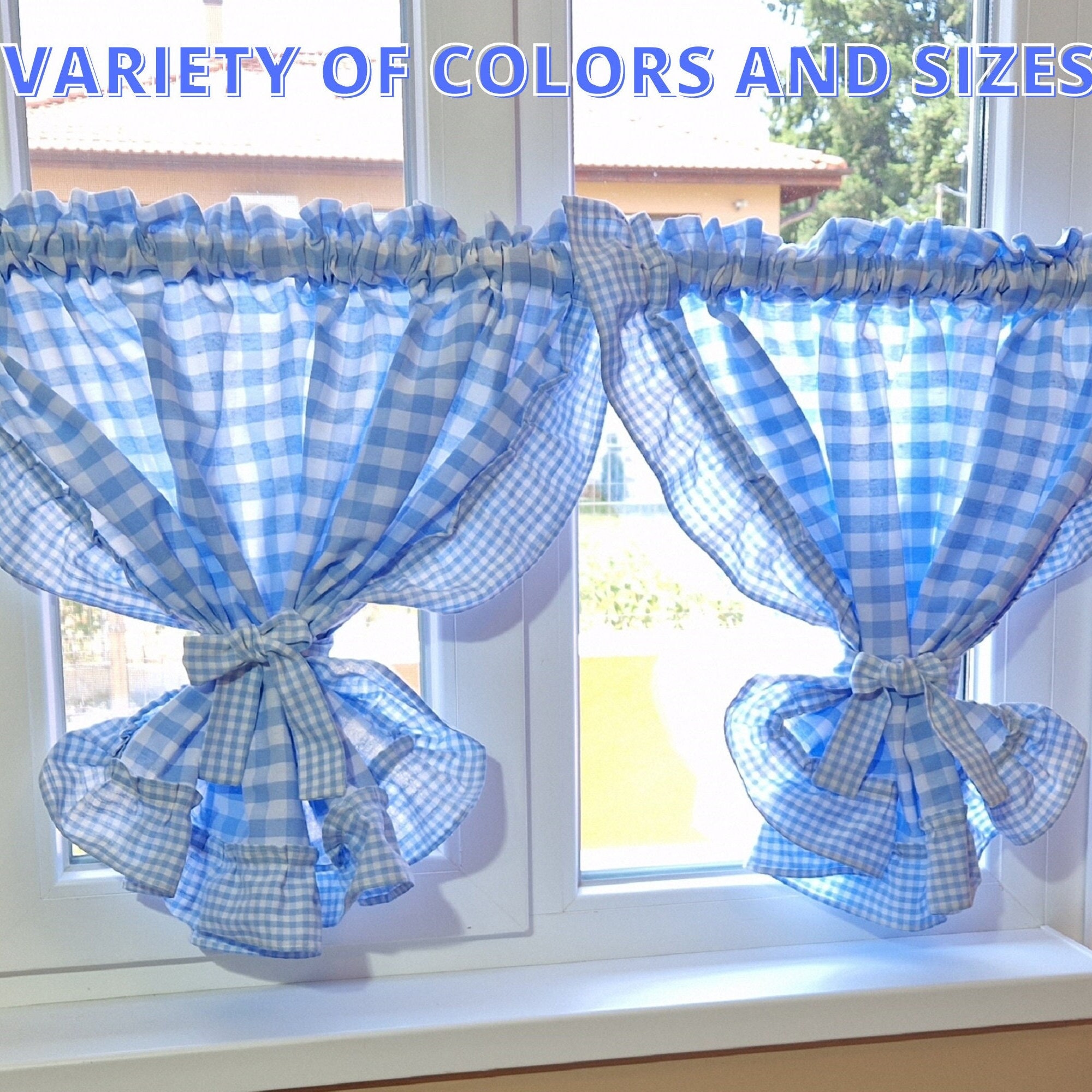 Blue Kitchen Cafe Curtains With Ruffles, Custom Size Gingham Short ...