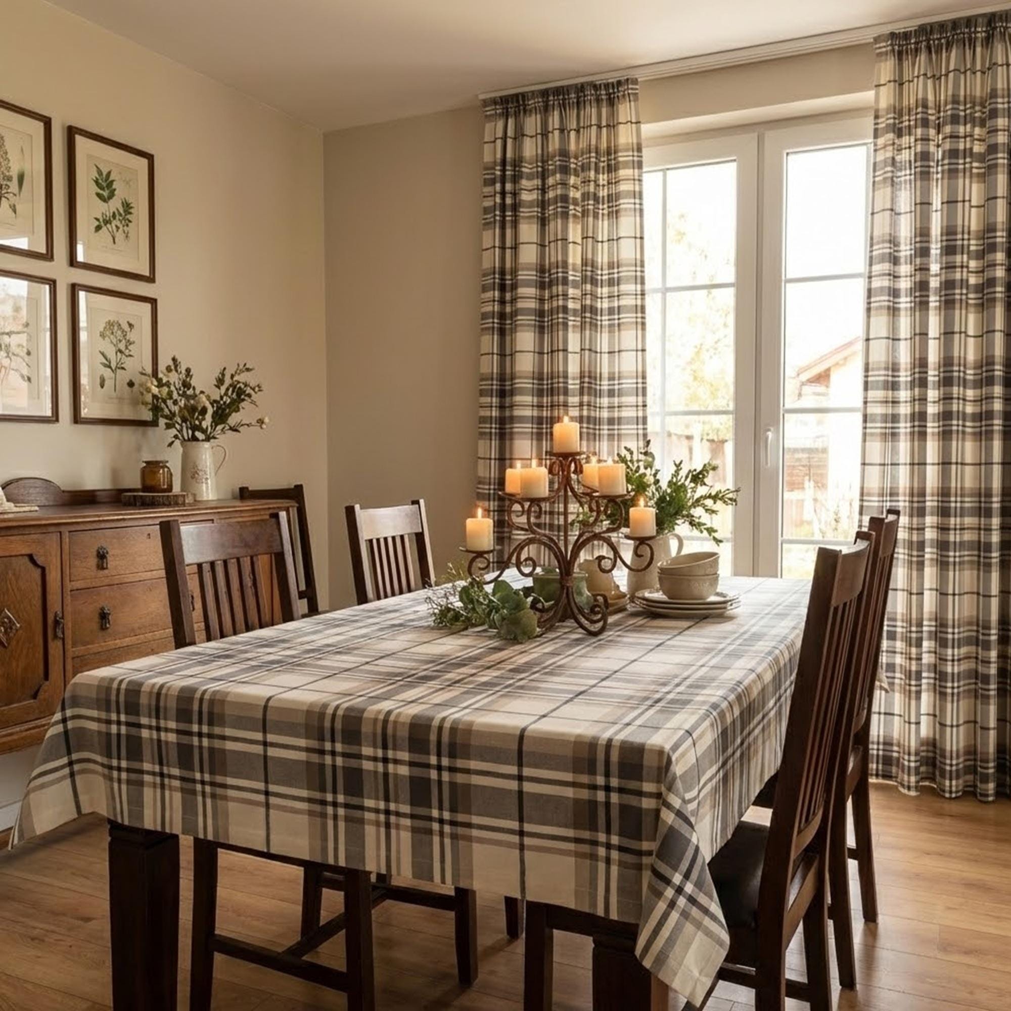 Tartan Plaid Cotton Canvas Curtains: Beige Brown & Off-white, English ...