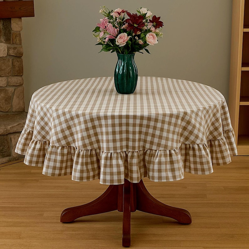 Brown Checkered Round Ruffle Tablecloth, Custom Size, French Country ...