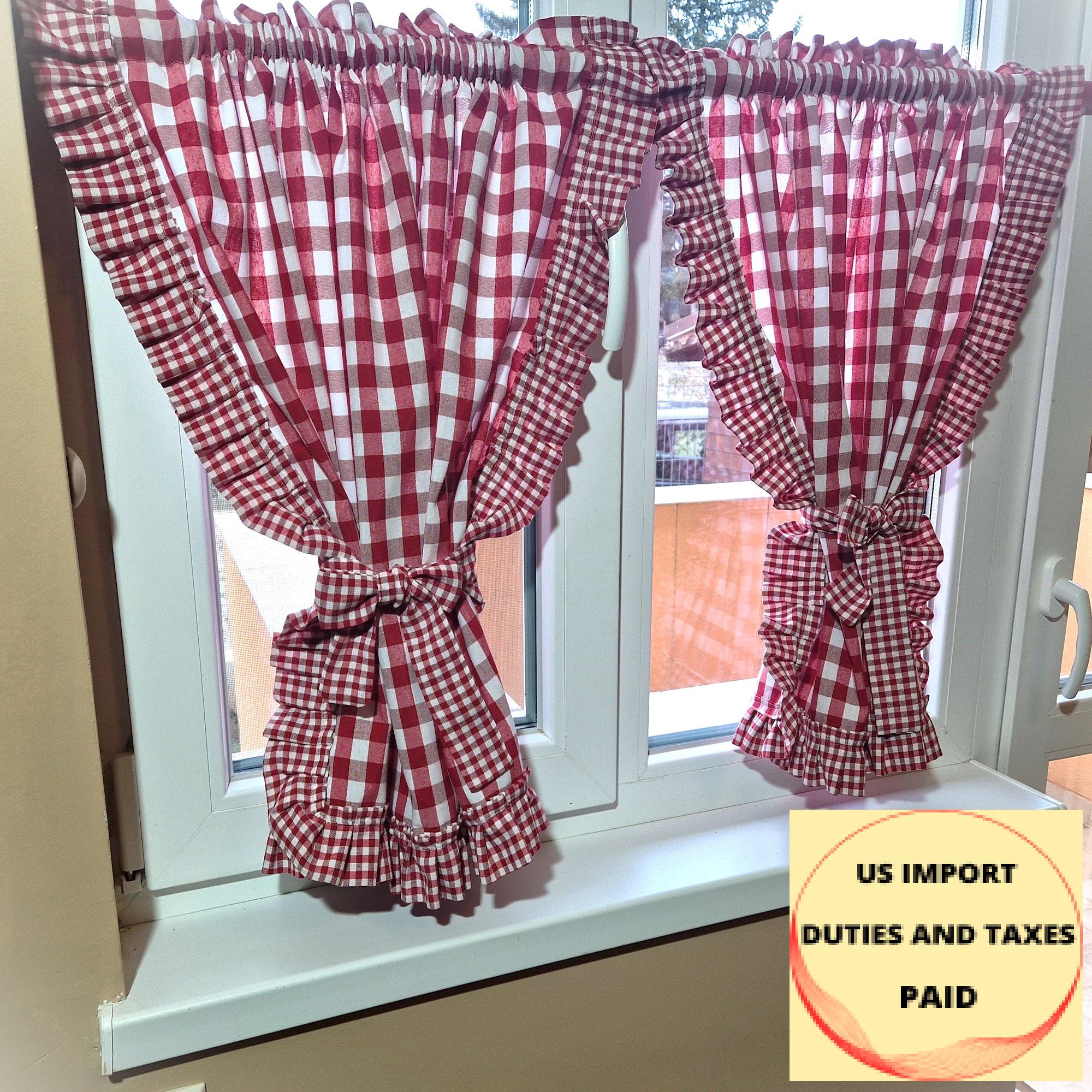 Red Gingham Cafe Curtains With Ruffle, Cottage Kitchen Window Drapes ...