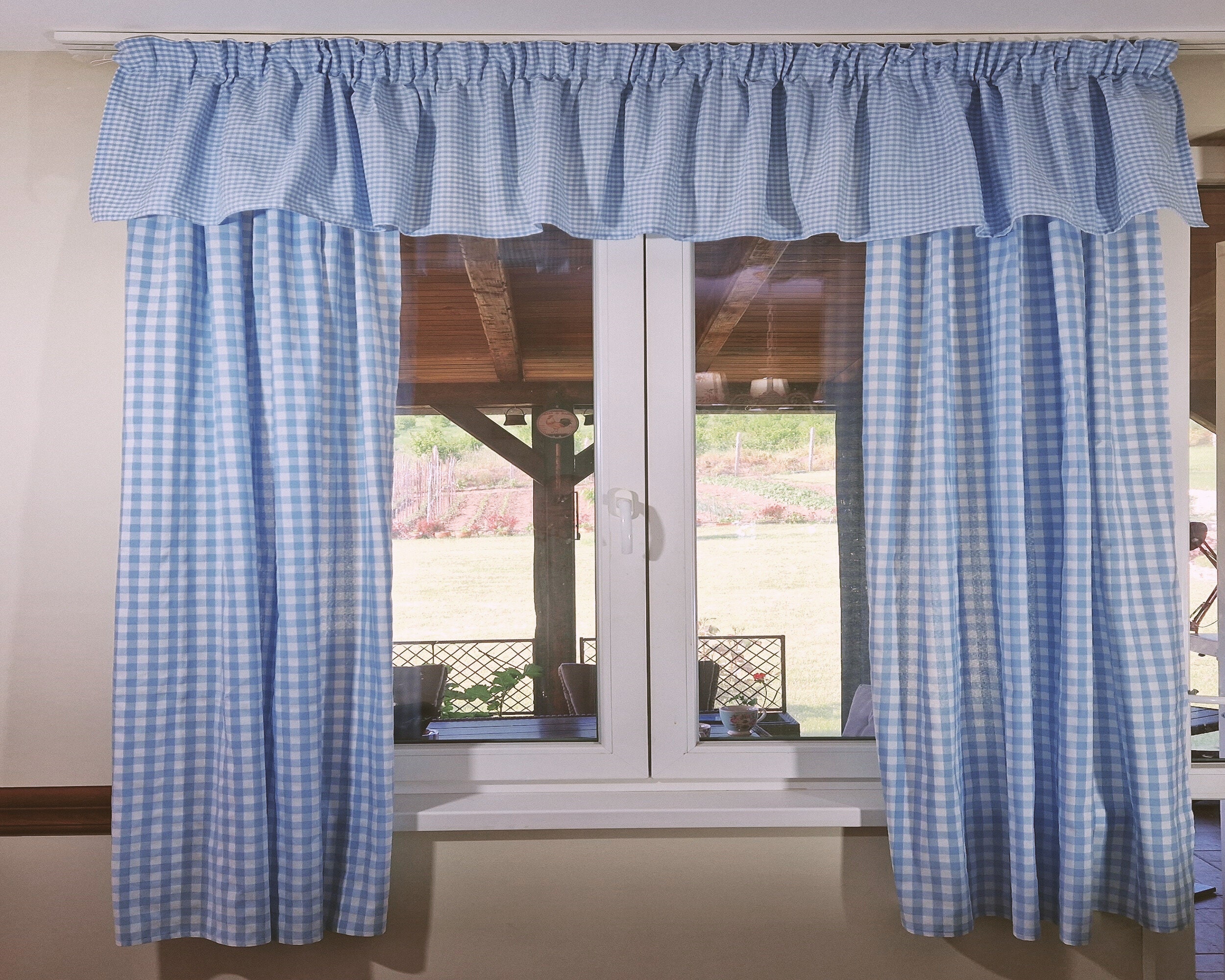 Retro Blue Gingham Check Kitchen Curtains and Valances, Custom Made ...