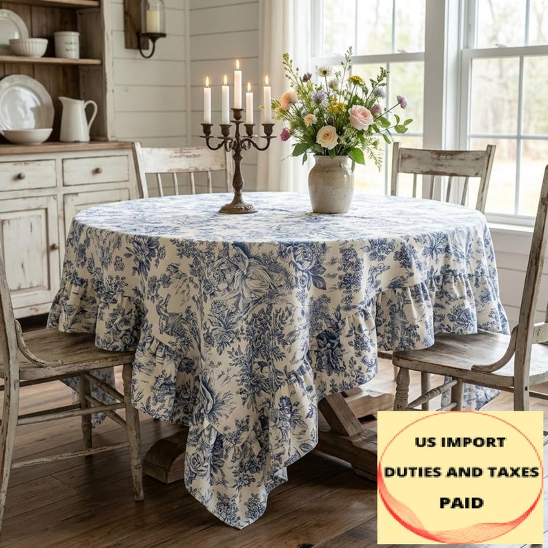 Blue Toile De Jouy Ruffle Tablecloth – Custom Handmade French Country ...