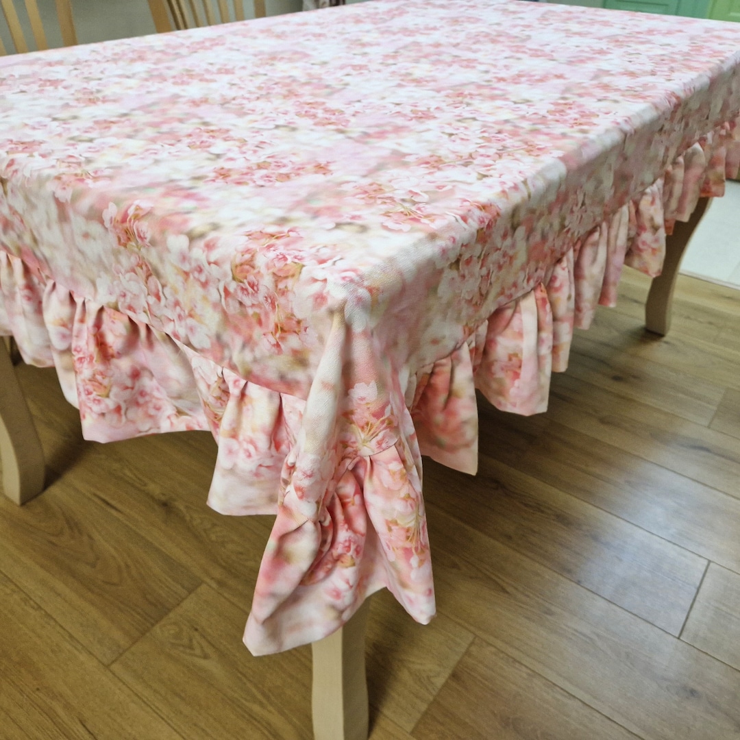 Spring Pink Ruffled Tablecloth With Pastel Floral Print, Large Round ...