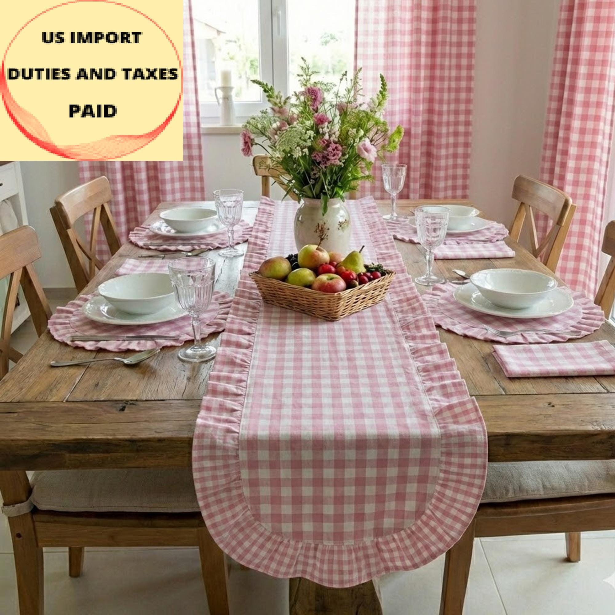 Pink & White Gingham Ruffle Table Runner + 14 Colors, Custom Size ...
