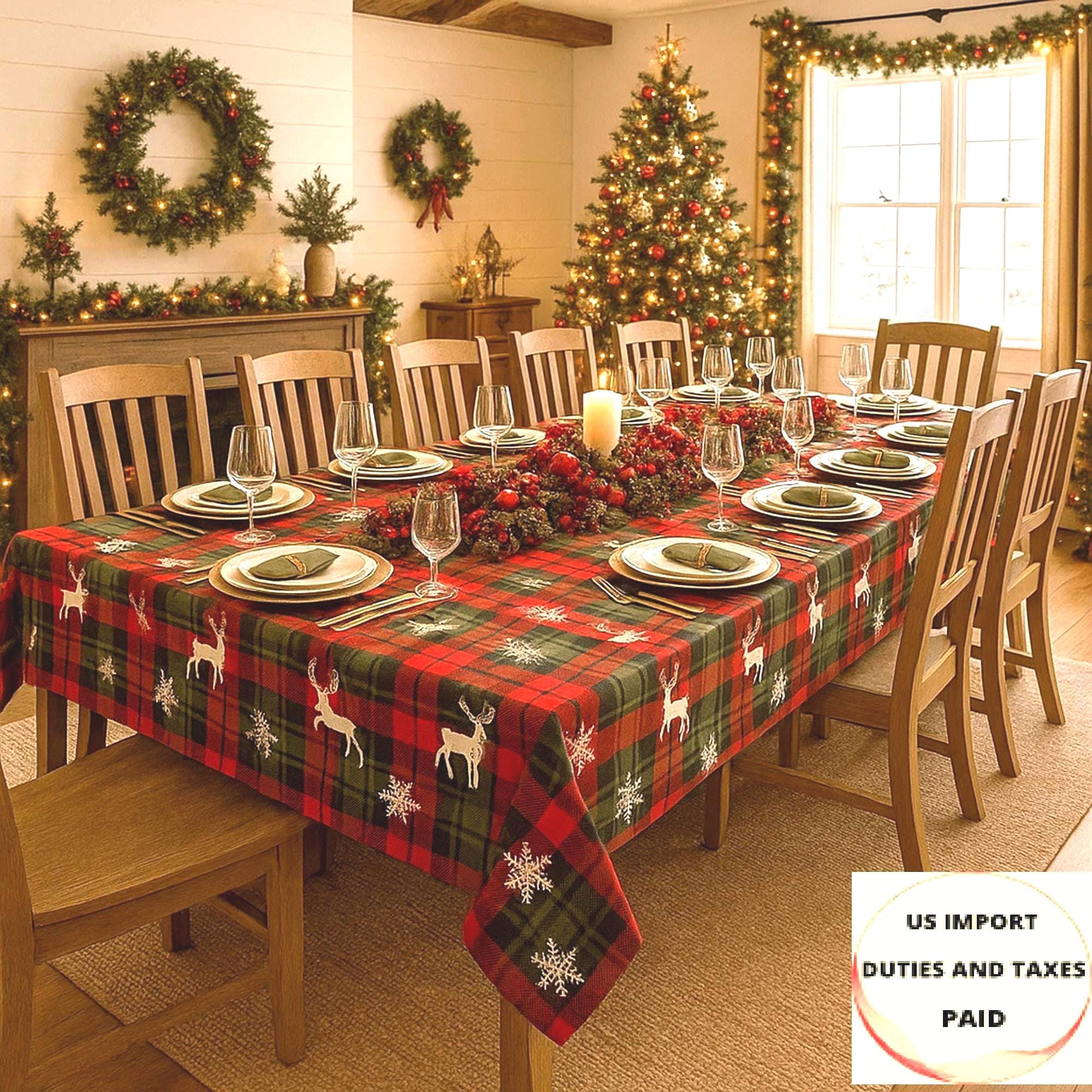 Christmas Plaid Tablecloth, Coated Red Green Tartan With Reindeer ...