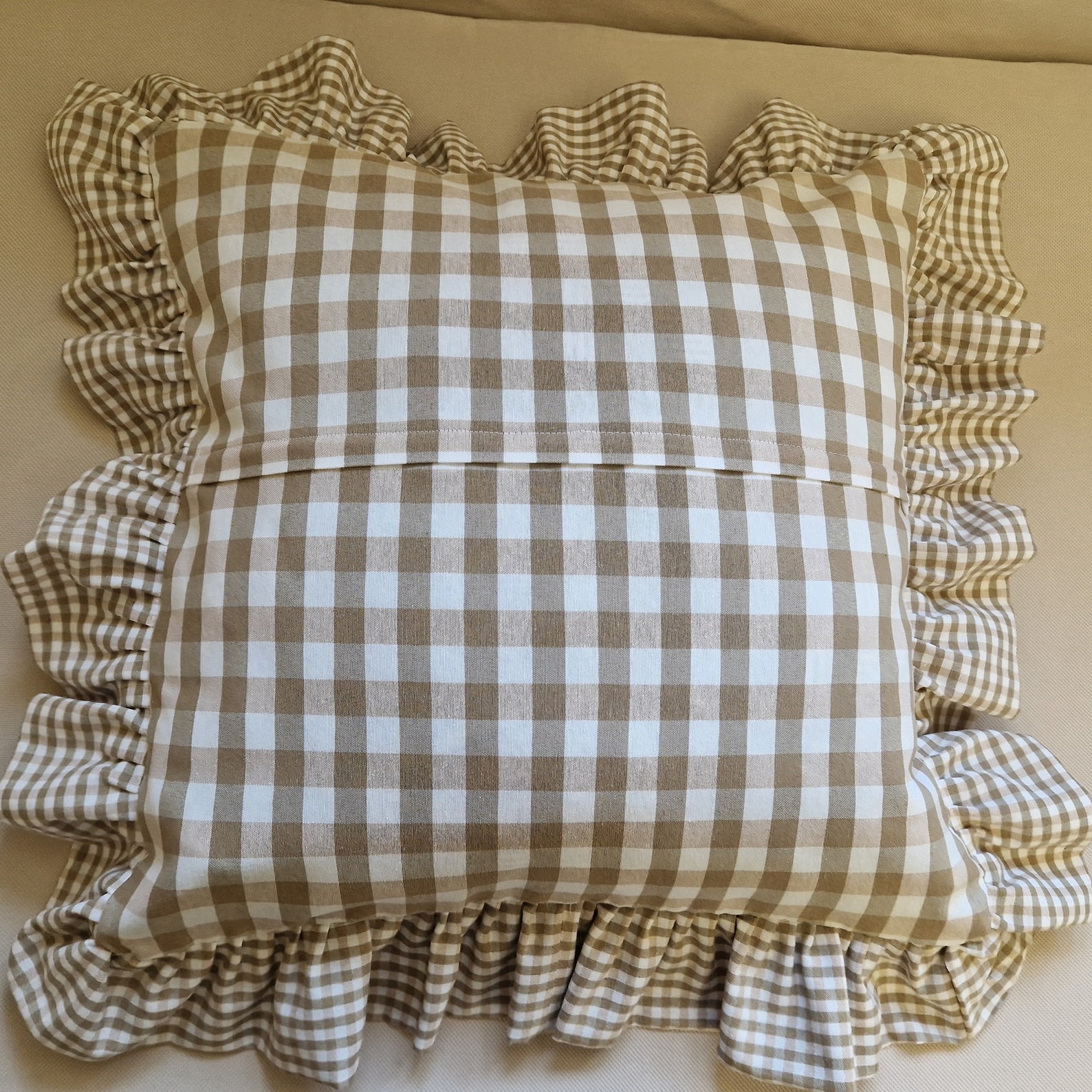 Light Brown Ruffle Gingham Plaid Throw Pillow Cover, Ruffle Euro Sham ...