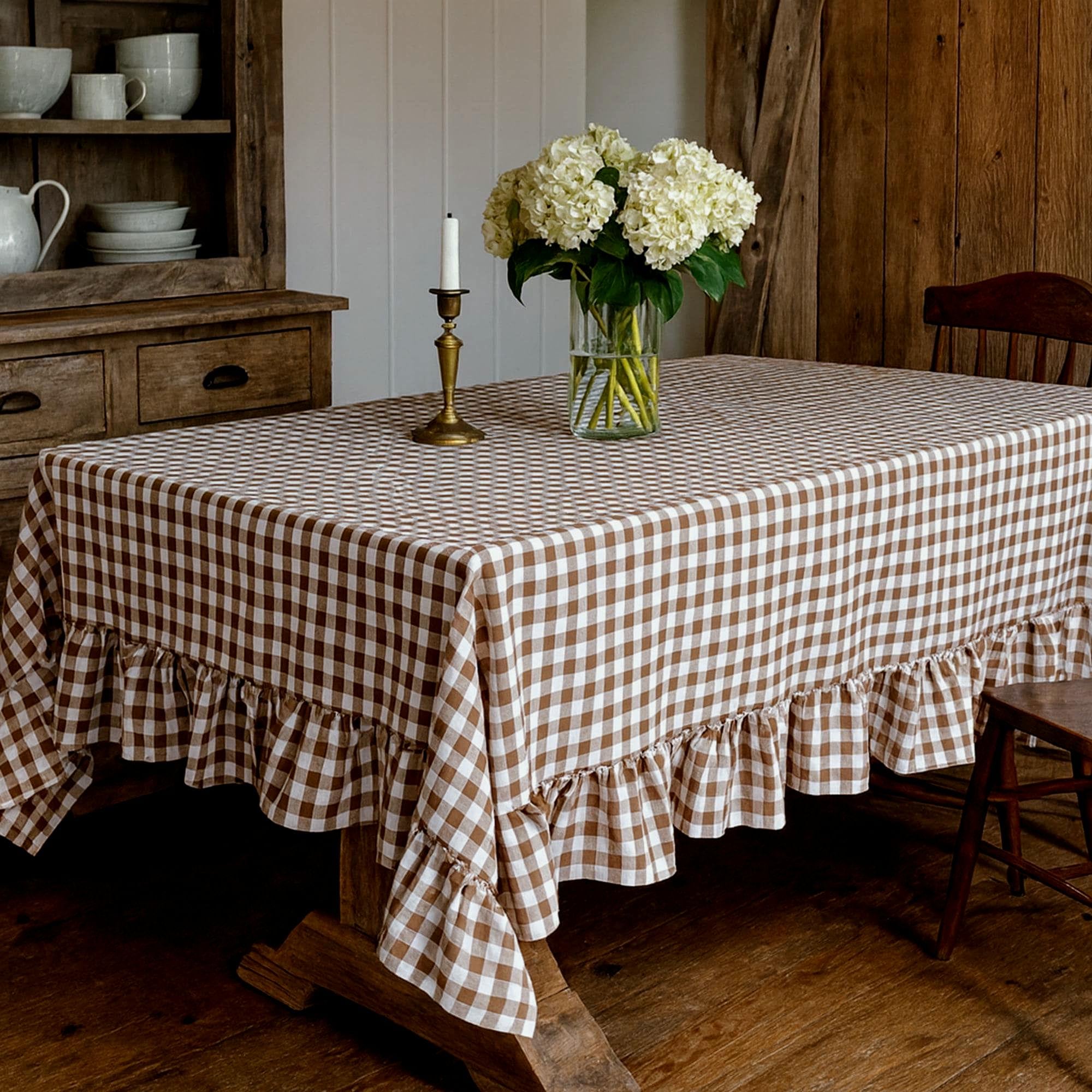 Brown Checkered Round Ruffle Tablecloth, Custom Size, French Country ...
